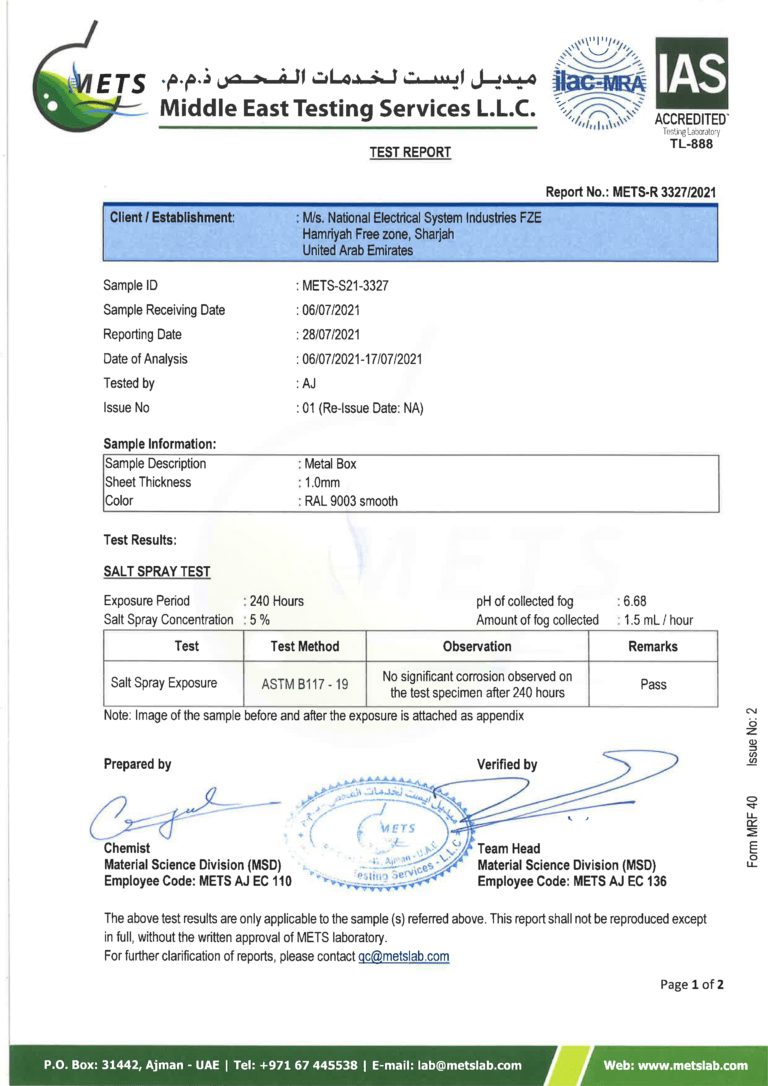 Certifications - National Electrical System Industries FZE