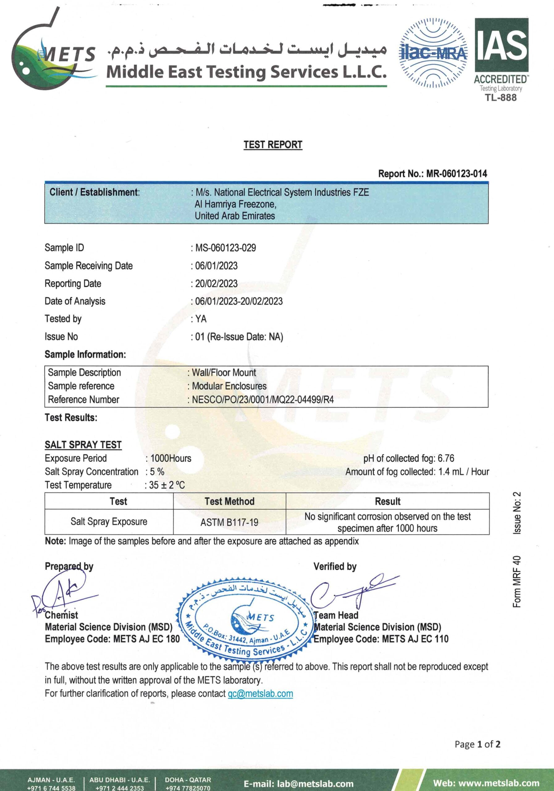 Certifications - National Electrical System Industries FZE